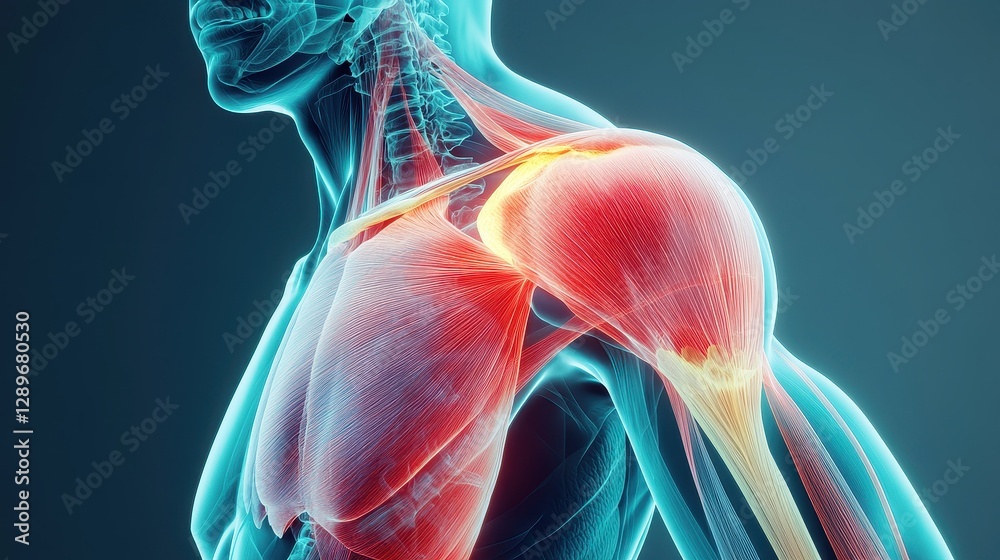 3D illustration of the human shoulder joint with muscles and ligaments, Human Body Anatomy ...
