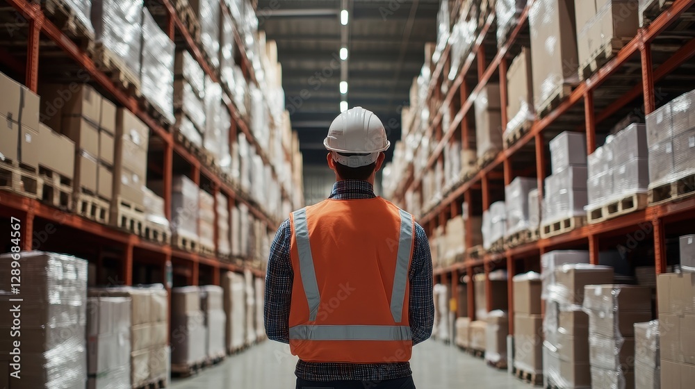 Back view of a worker ensuring all packages are correctly labeled in a ...