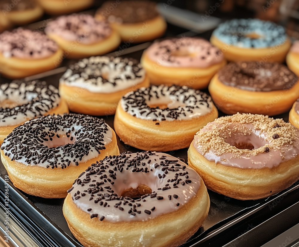 beautiful donuts in a display case Stock Photo | Adobe Stock