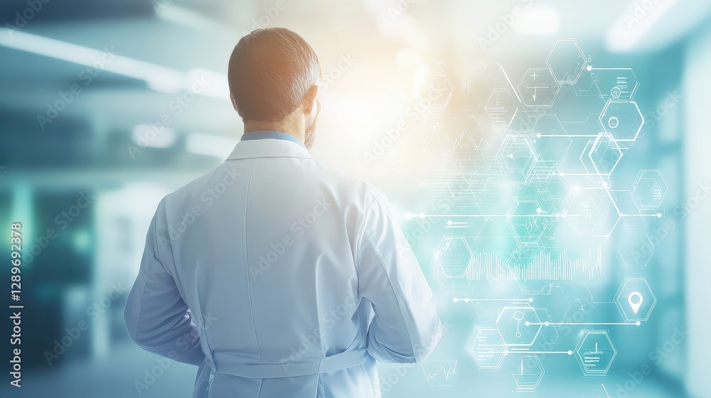 Medical progress concept, medical pictograms, back view doctor blurred ...