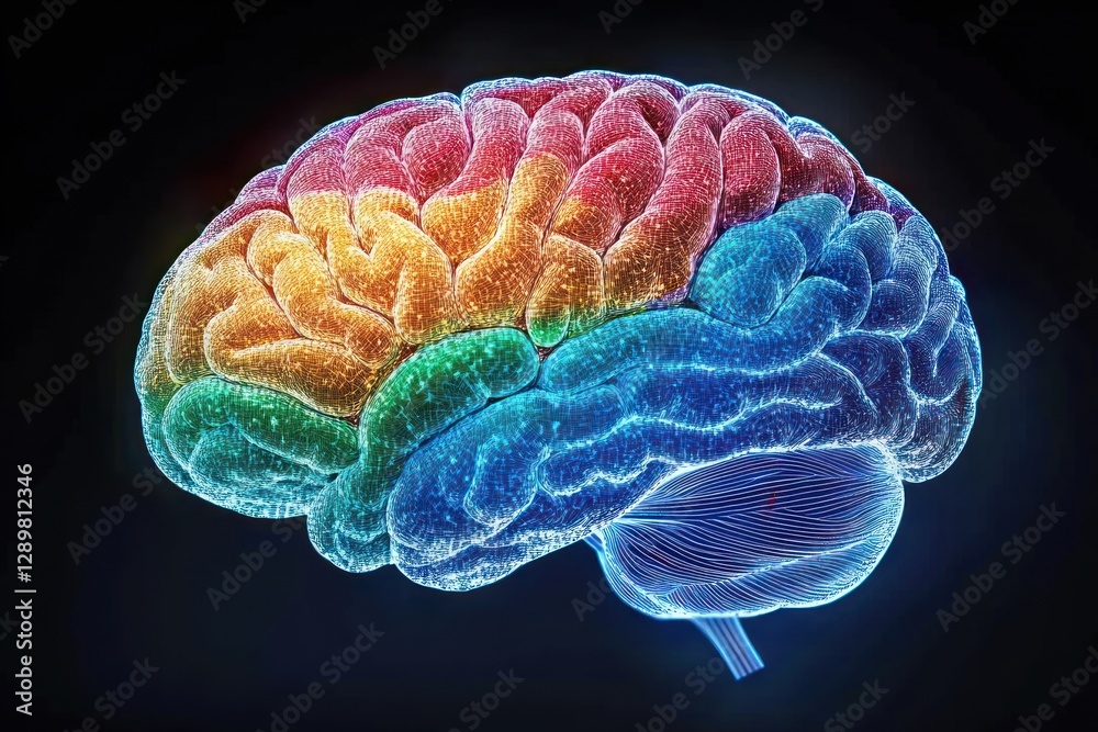 Hyper-realistic human brain illustration with colored lobes in side ...