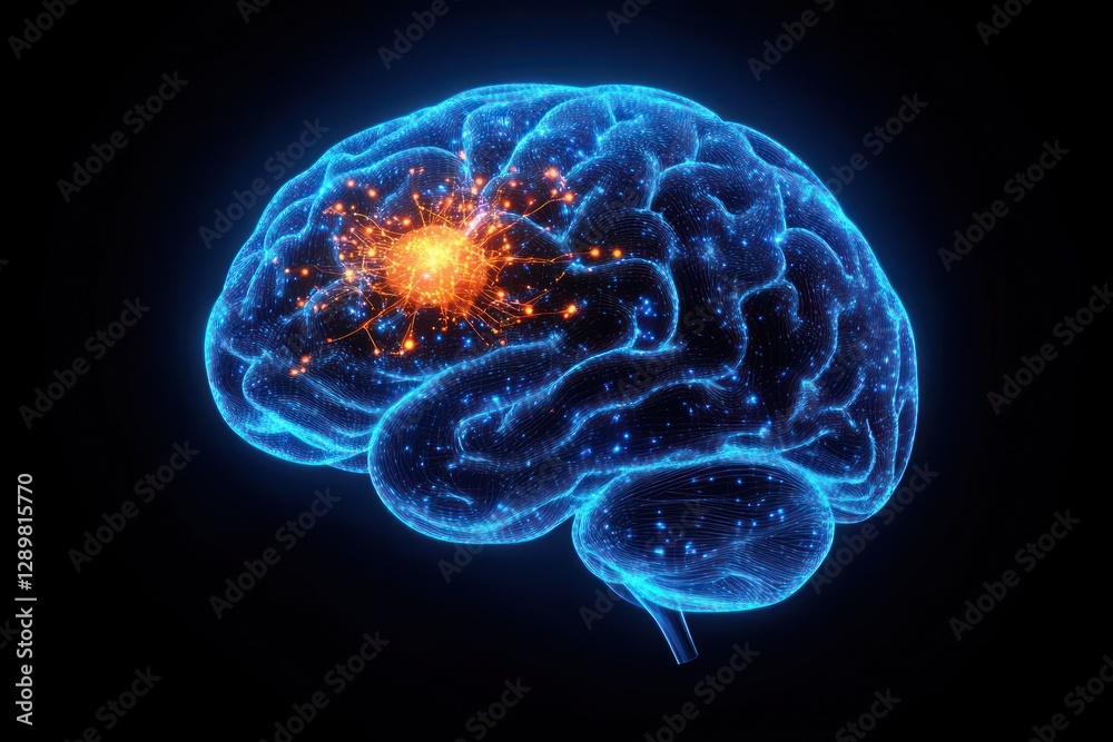 Glowing Blue Brain Illustration with Neural Connections and Surrealist ...