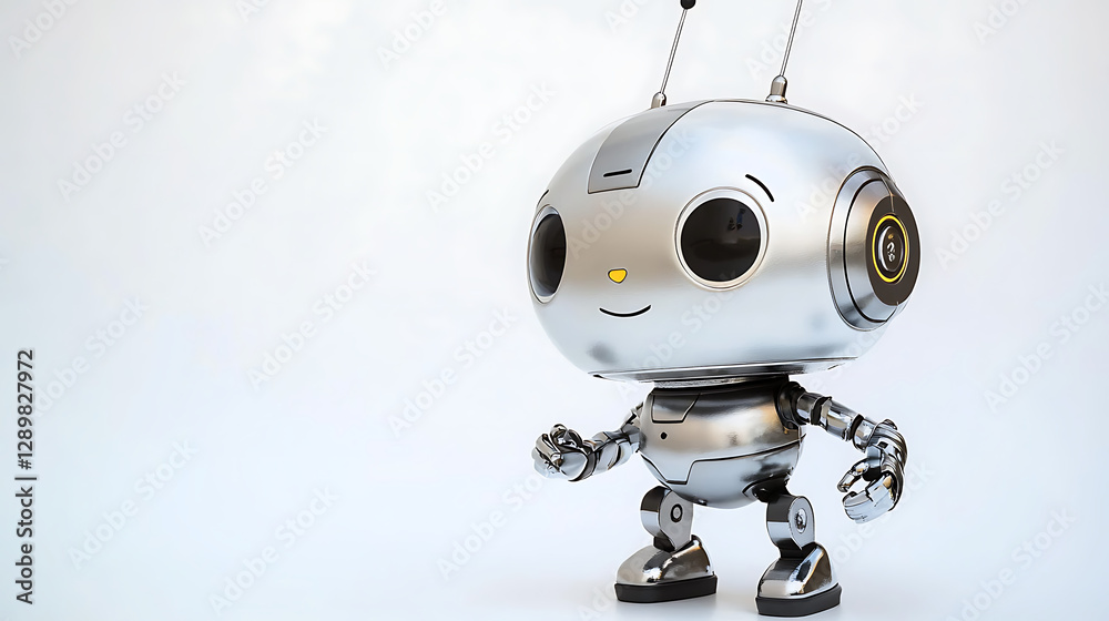 A robot with a smile on its face is standing on a white background ...