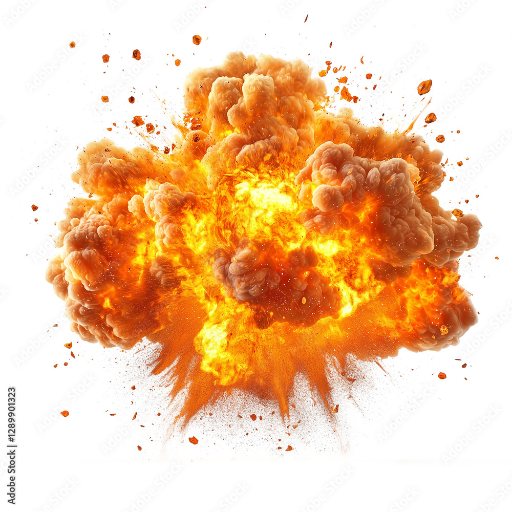 Realistic fiery explosion with smoke and debris, isolated on ...