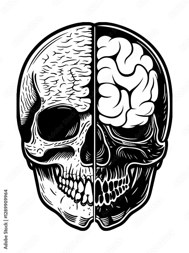 Black and white illustration of a human skull split vertically ...