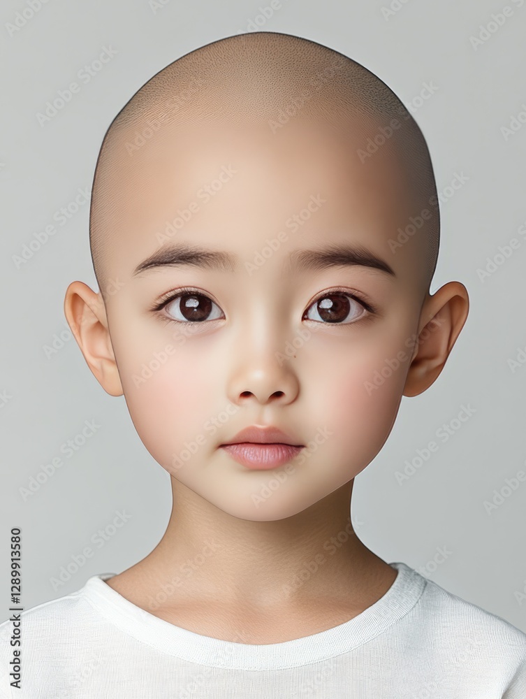 Bald-headed little girl portrait: A serene close-up portrait captures ...