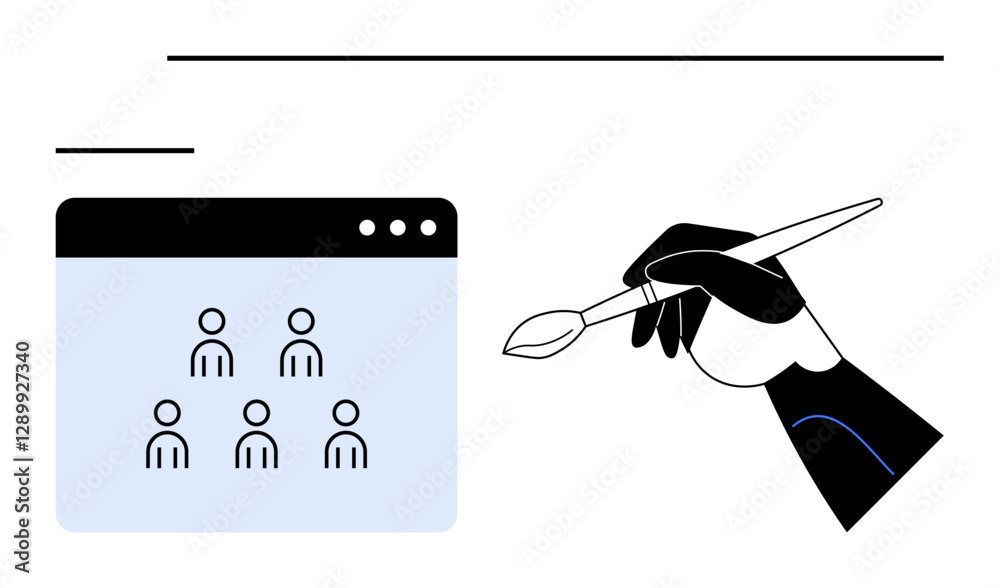 Hand holding a brush designing a digital interface with user icons, blending creativity and ...