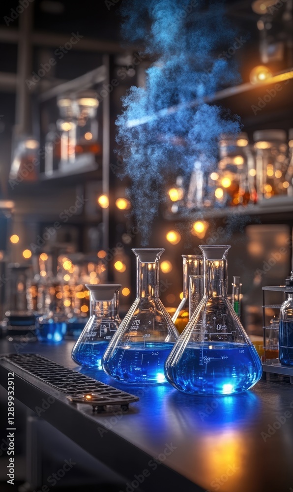 Chemistry lab equipment: flasks, test tubes, chemical solutions, liquid ...