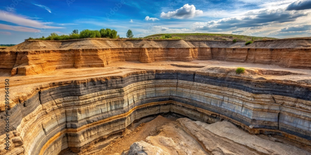Dark geological layers exposed in deep sand pit with visible rock ...