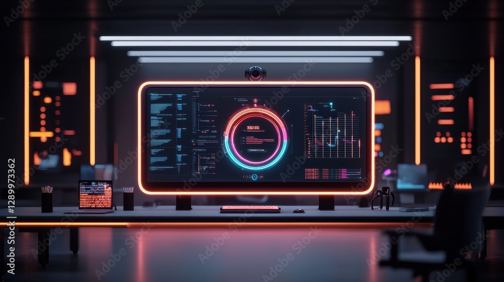 Futuristic AI Powered Graphic Design Studio with Cutting Edge Digital Dashboard and Neon Lit ...