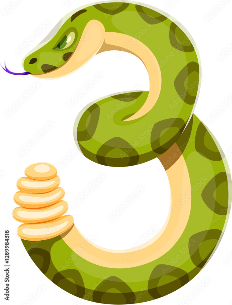 Cartoon number three as a green rattlesnake. Vector cowboy font, wild ...