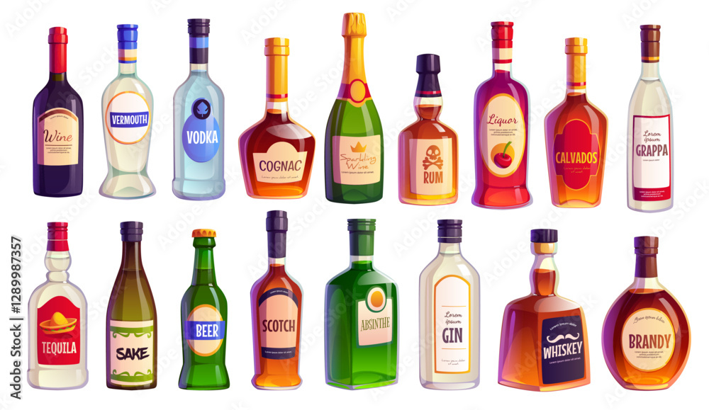 Image vectorielle Stock Cartoon alcohol bottles of liquor and wine ...