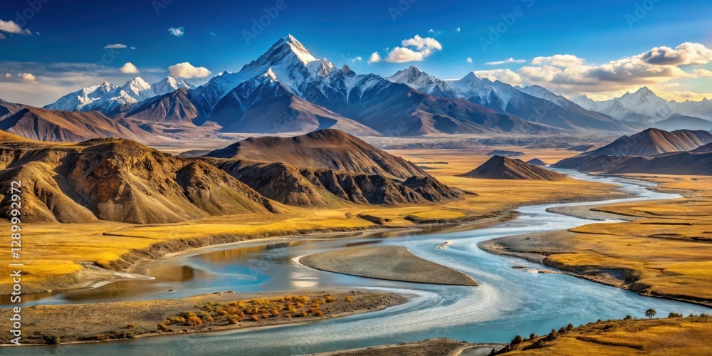 Detailed landscape of Asia continent with mountains ranges and rivers ...