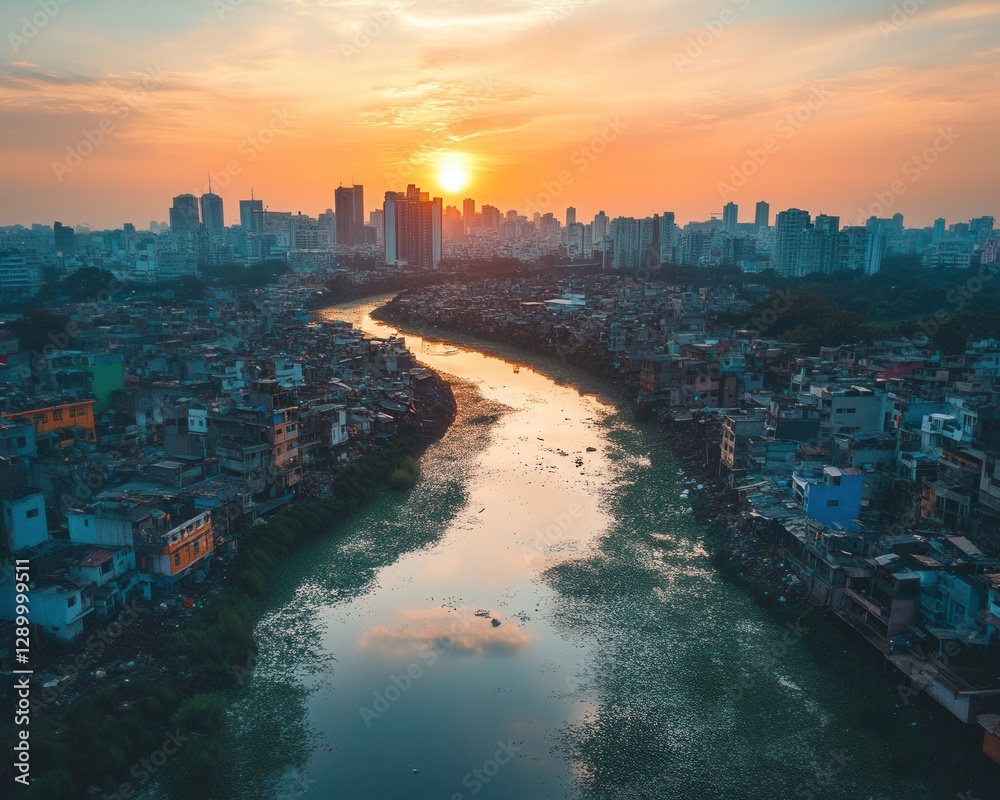 Manila, Philippines Aerial Sunrise View of Pasig River Dividing Slums ...