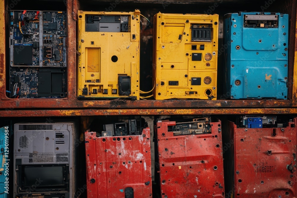 Rusty shelves hold discarded electronics, various colored casings show ...