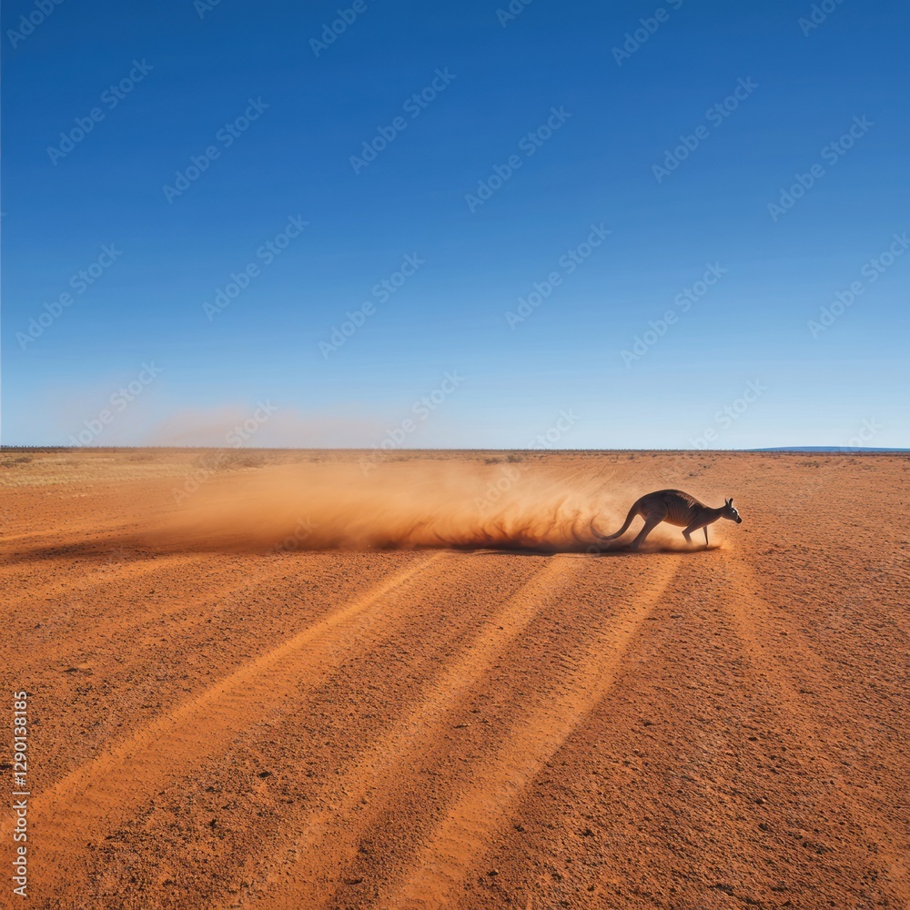 Majestic kangaroo bounding across the arid Australian outback under a ...