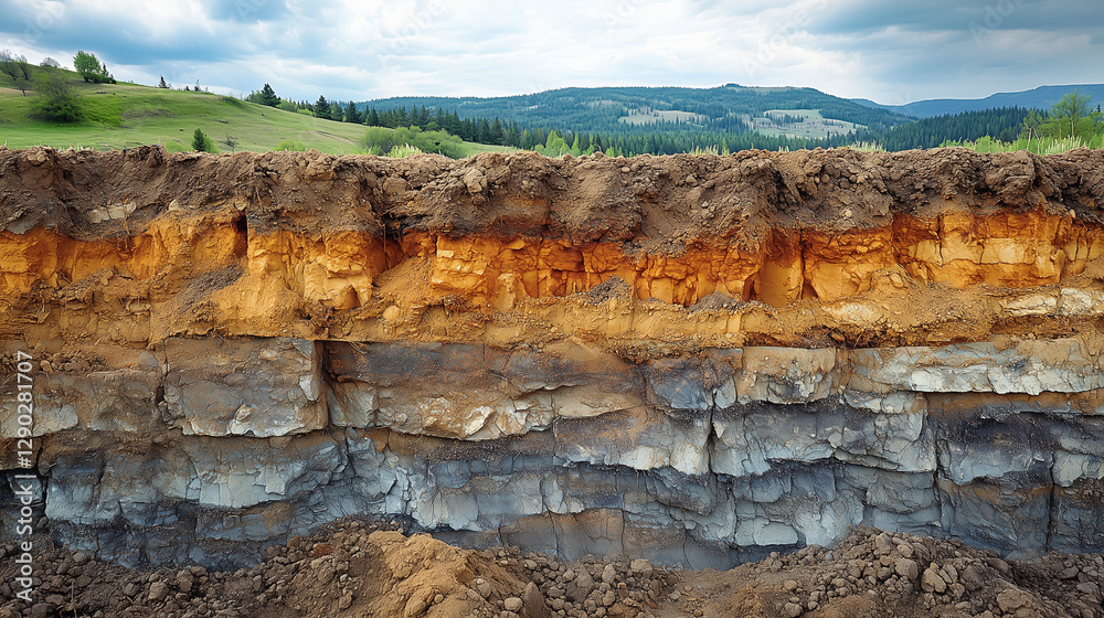 Layers of soil and rock reveal geological history in a calm countryside ...