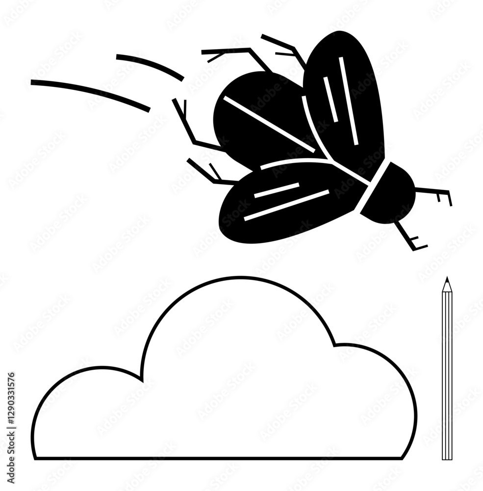 Fly flying, curved motion line, cloud, and pencil. Ideal for creativity ...
