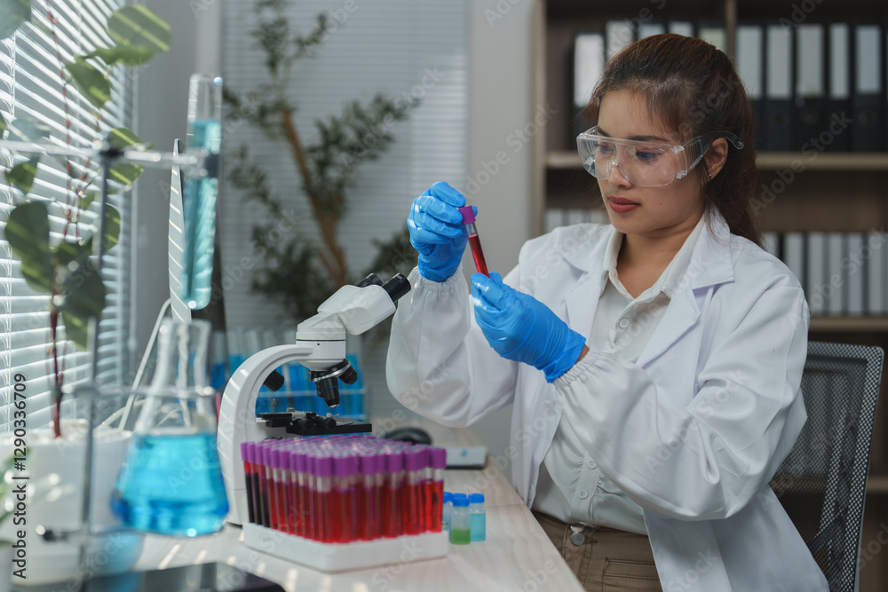 Concentrated scientist in lab coat and gloves examining blood sample in ...