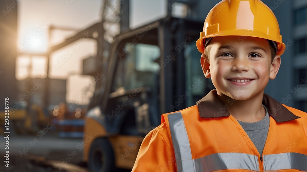 kid construction worker, young builder, child engineer, boy in safety ...