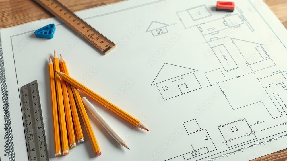 Architecture house plan blueprint on a wooden desk with rulers, pencils ...