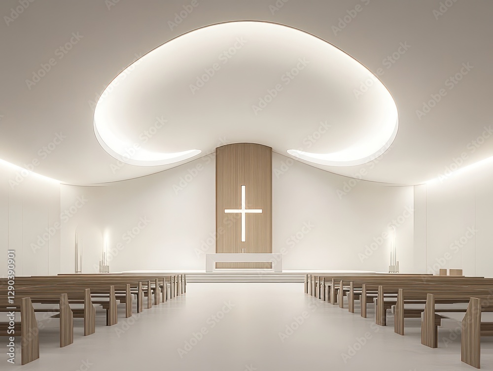 A modern church with a high ceiling, the main altar is made of wood and ...