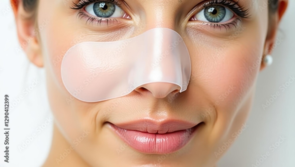 Nose Patch. Woman is wearing nose patch to protect her nose from sun ...