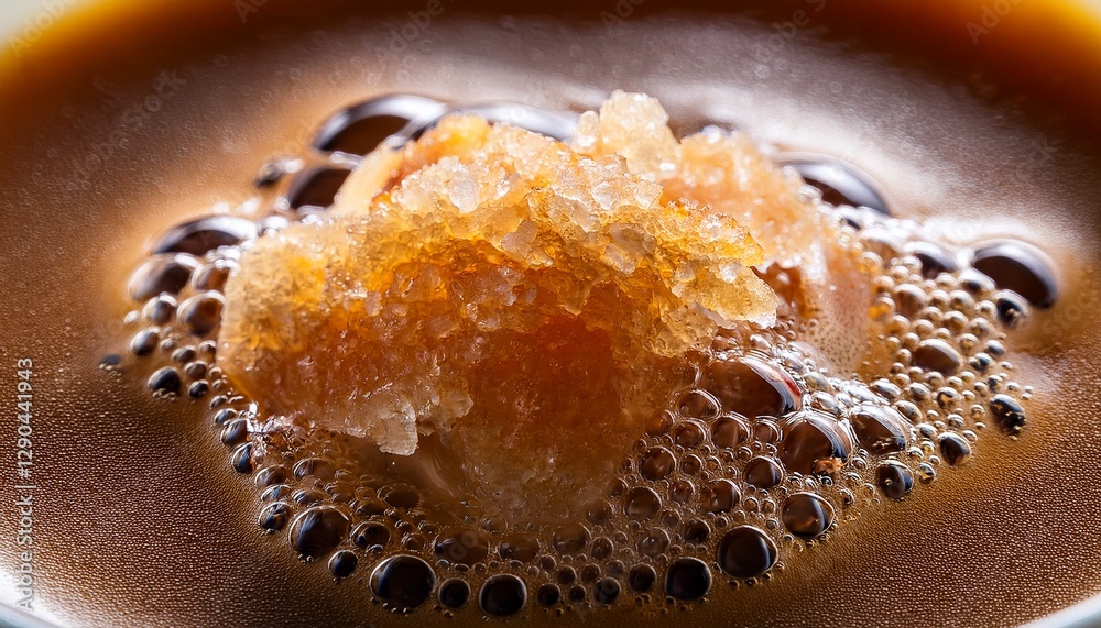 An extreme close-up of sugar granules dissolving in coffee, with ...