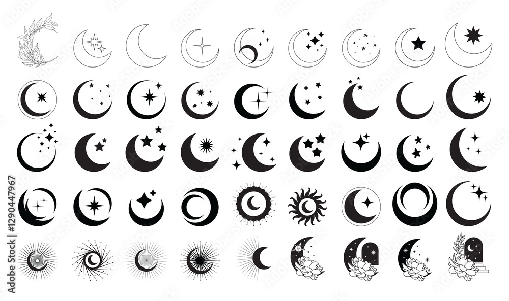 Stockillustrationen Moon, stars, moon phases, crystals, magic symbols ...