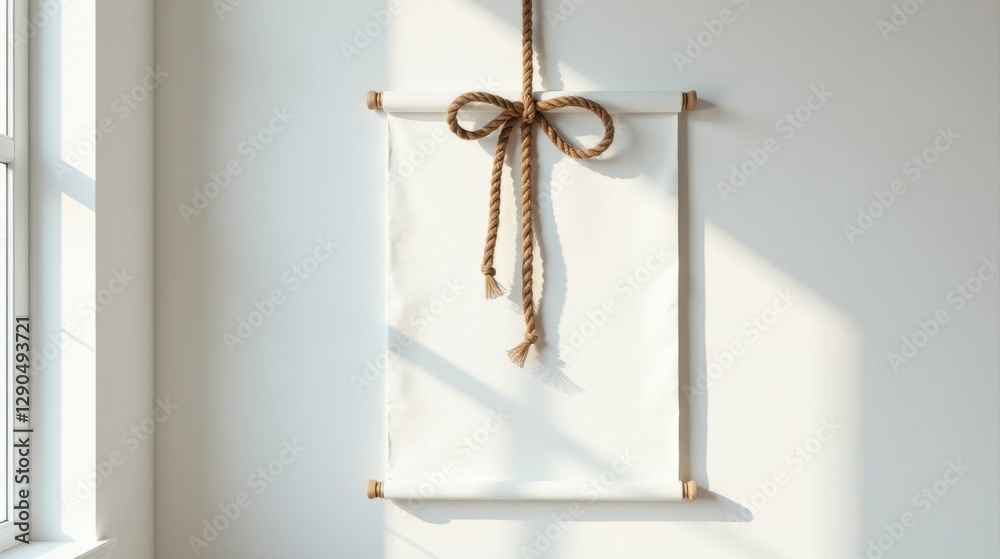 Blank canvas scroll tied with rustic rope, hanging on a wall bathed in ...