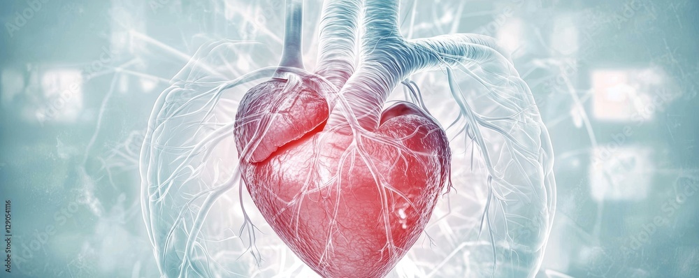 Medical illustration of a human heart with highlighted blocked arteries ...