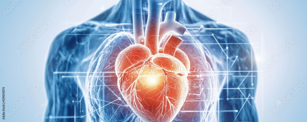 Medical illustration of a human heart with highlighted blocked arteries ...