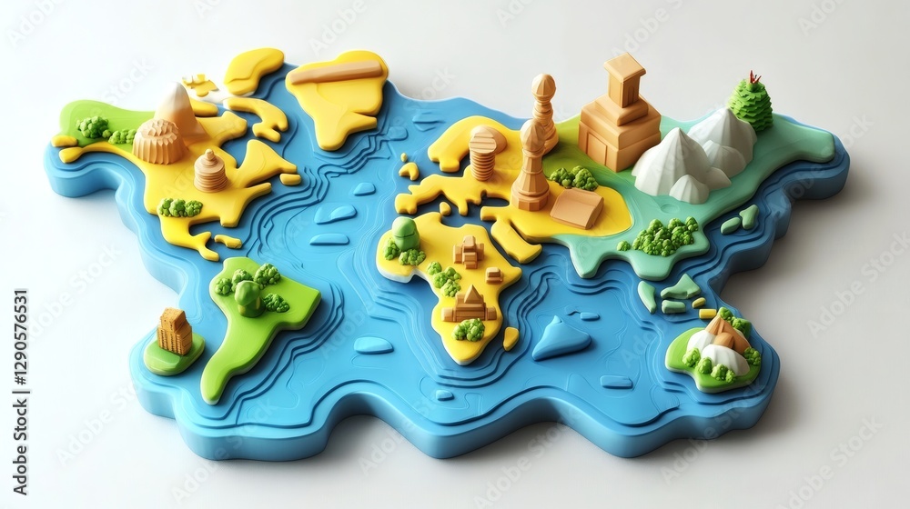 Colorful Fantasy Map of the World with Landmarks and Terrain Features ...