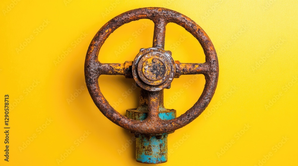 Rusted old ship valve with visible corrosion on a warm yellow ...