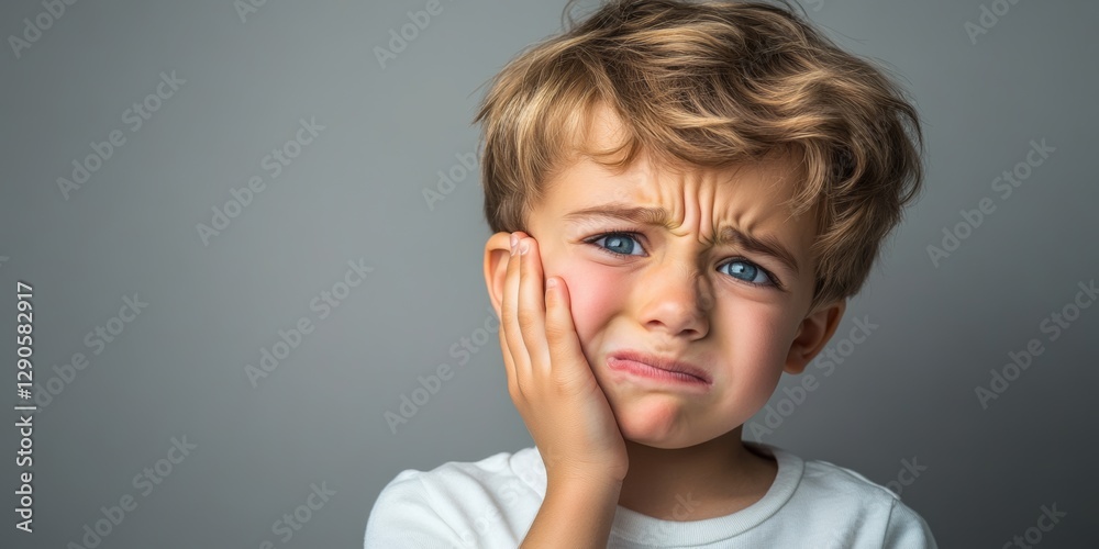 Young boy with a toothache is looking at the camera. He is holding his ...