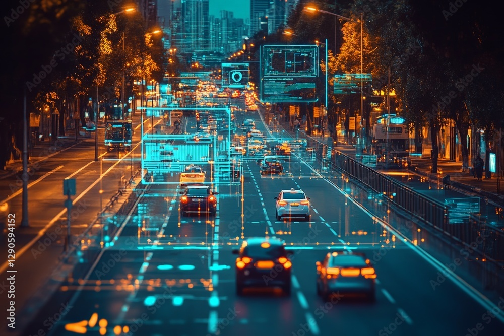Urban street at twilight with digital overlays depicting traffic data ...
