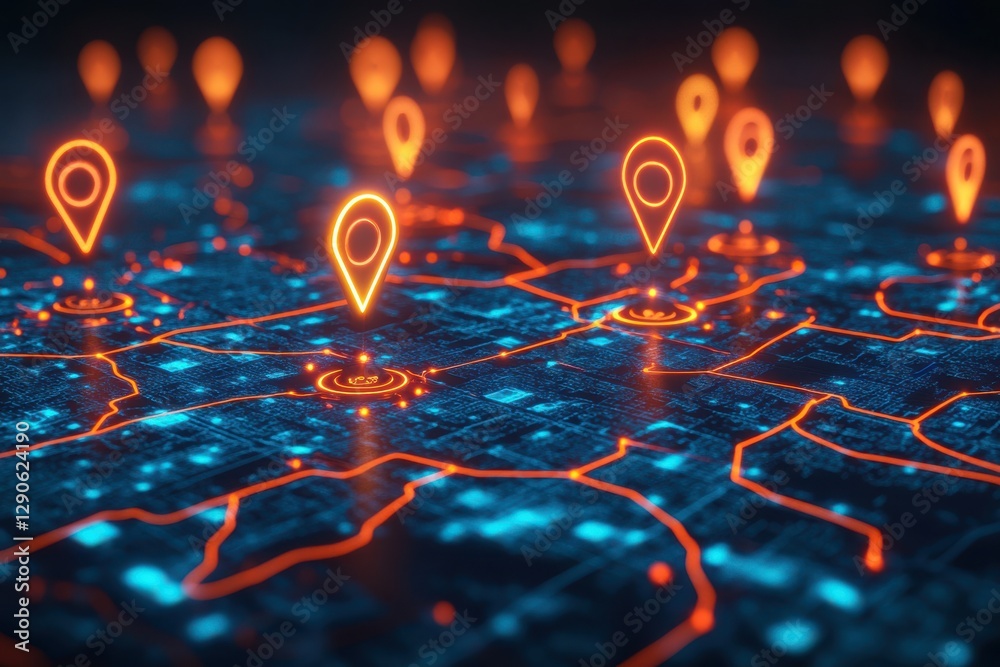 Digital map glowing location markers network technology GPS navigation Stock Illustration ...