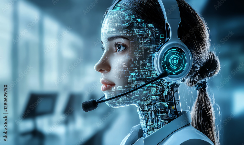 AI robot call center agent with a headset and digital interface on a ...