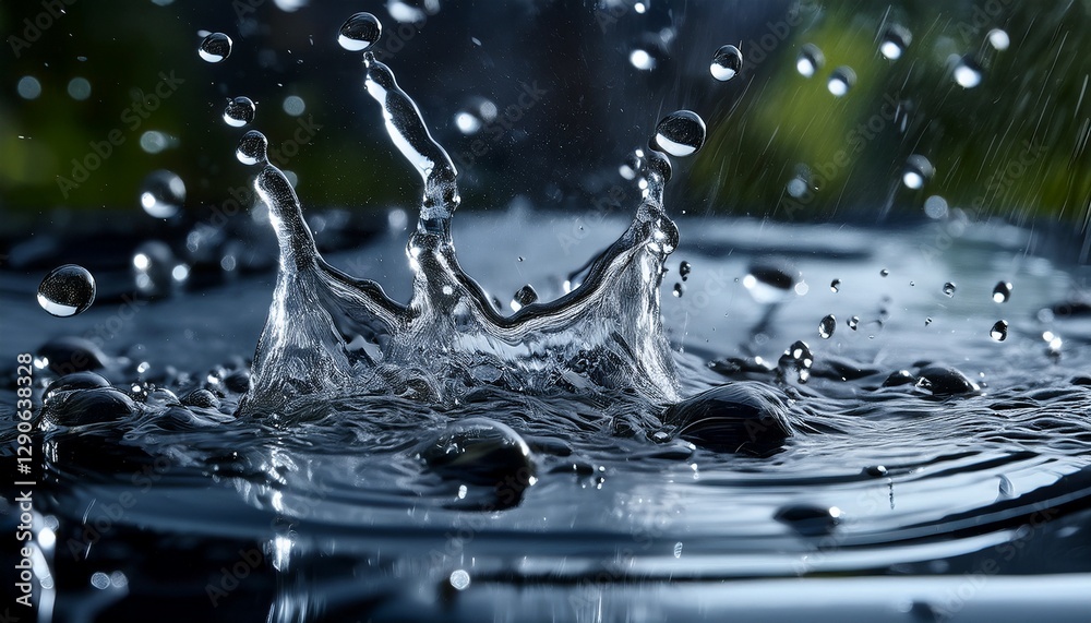 Extreme close-up of rain hitting a surface, with individual droplets ...
