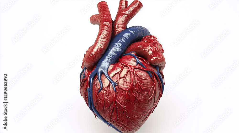 A detailed, lifelike rendering of a human heart against a white ...