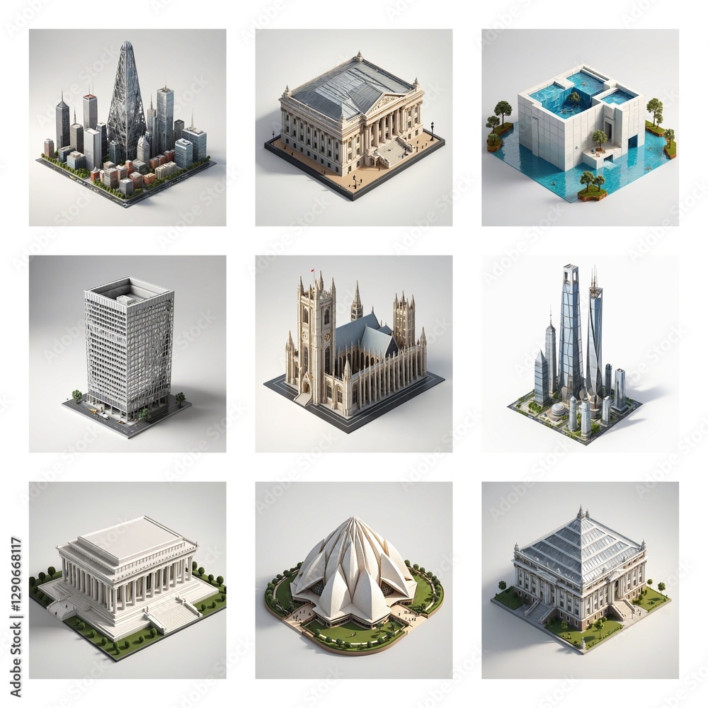 Description: Famous building landmark collection. Diverse architecture designs are shown in a ...
