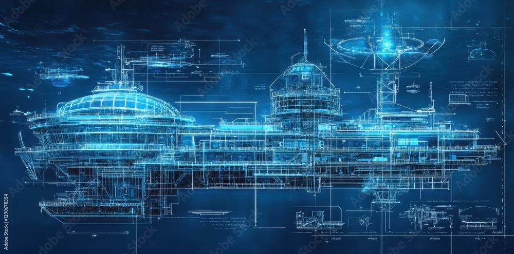 An illustrated blueprint diagram layout plan and draft of an innovative ...