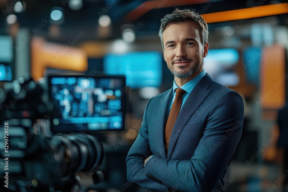 Confident News Anchor in Studio Setting Professional Broadcaster ...