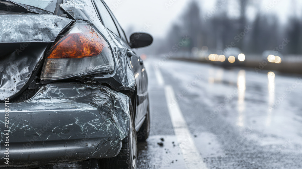 damaged car with smashed bumper parked on rainy road, showcasing ...