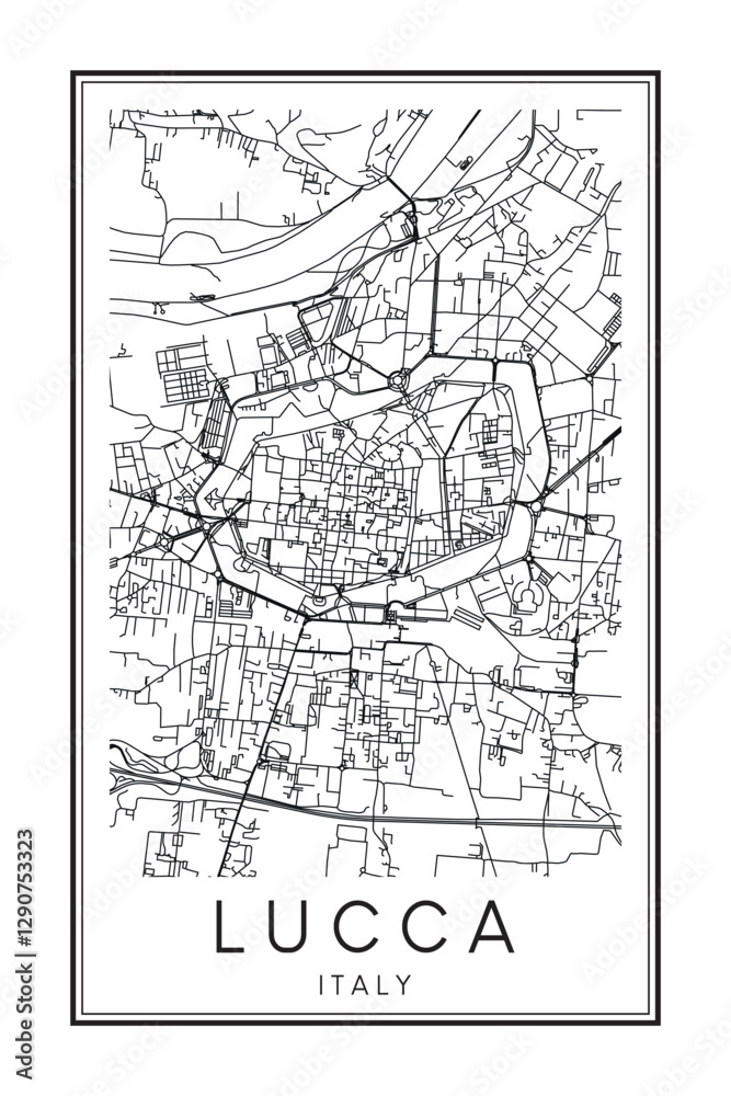 Printable downtown road map poster of the Italian city of LUCCA on ...