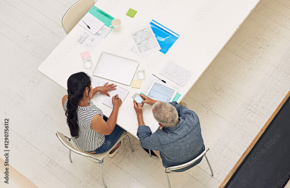 Startup, top view and people planning with phone, teamwork and ...