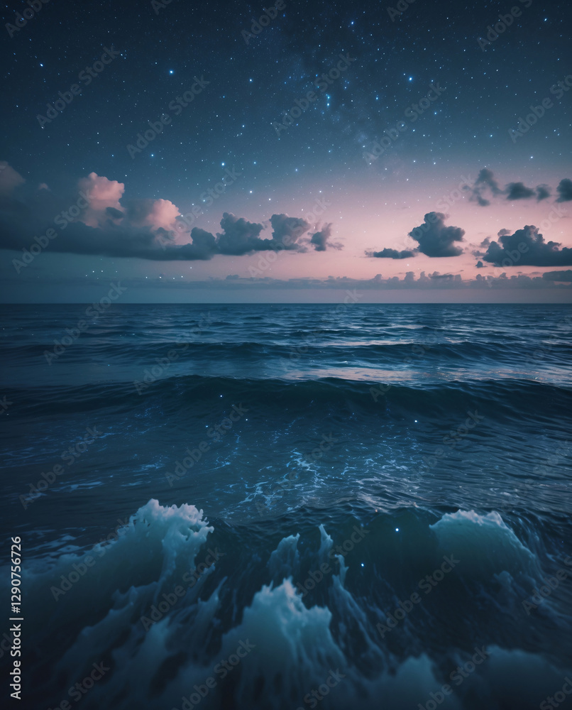 Beautiful image of ocean waves and sandy beach beneath a dark sky full ...