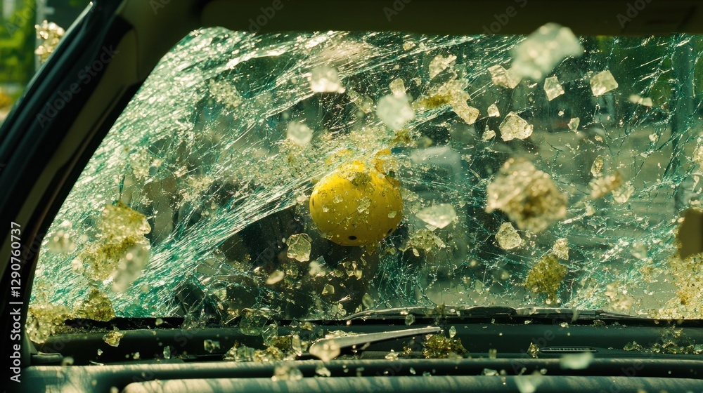 Shattered car windshield, impact, debris, street background, accident ...