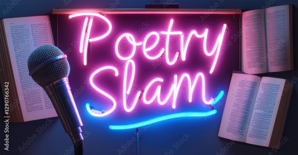 Neon sign poetry slam microphone floating book pages bright colorful ...