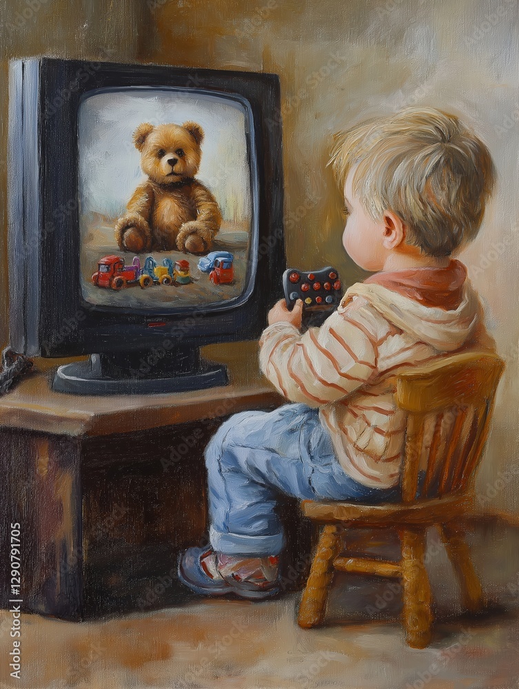 Child watching TV, holding controller, teddy bear on screen, wearing ...
